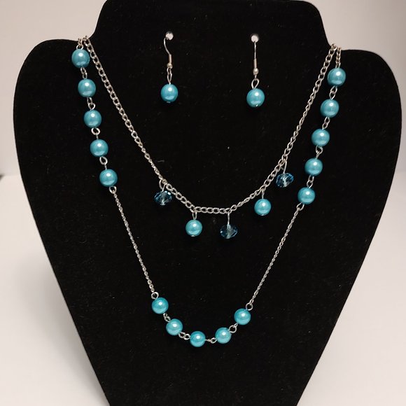 Jewelry | Two Strings Blue Pearls And Beads Necklace And Earrings All ...